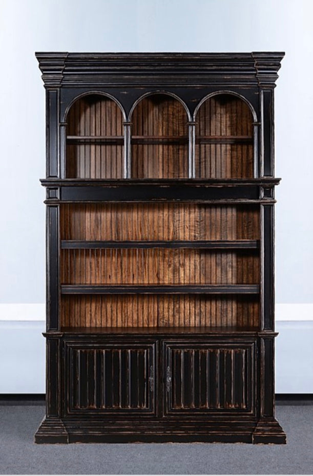 Old World Aged Black Distressed Cathedral Bookcase - Furniture on Main
