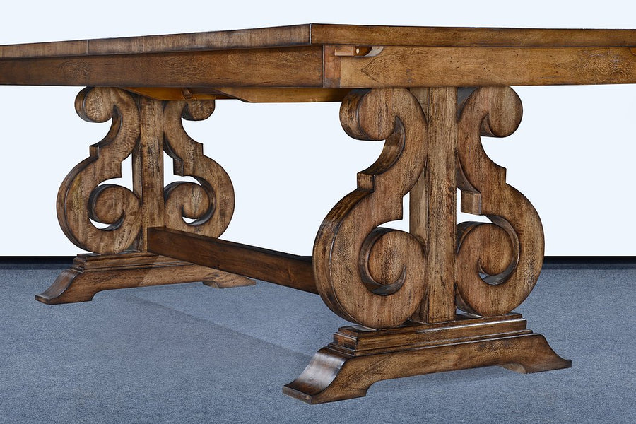 French Scroll Base 84" Dining Table Butterfly Leaf Rustic Pecan ...
